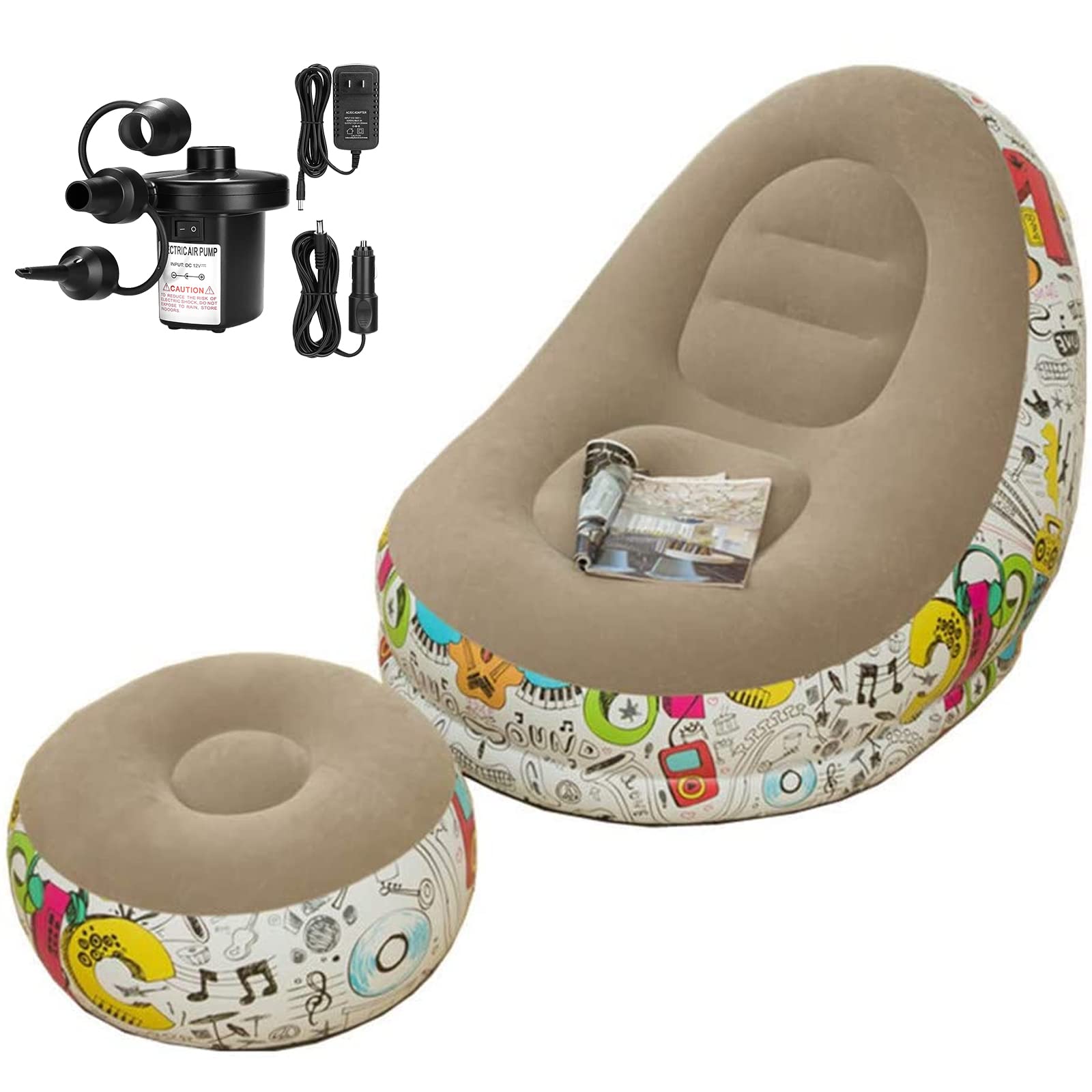 BDL Inflatable Deck Chair with Household air Pump, Lounger Sofa for Indoor Living Room Bedroom, Outdoor Travel Camping Picnic (Graffiti with Grey)