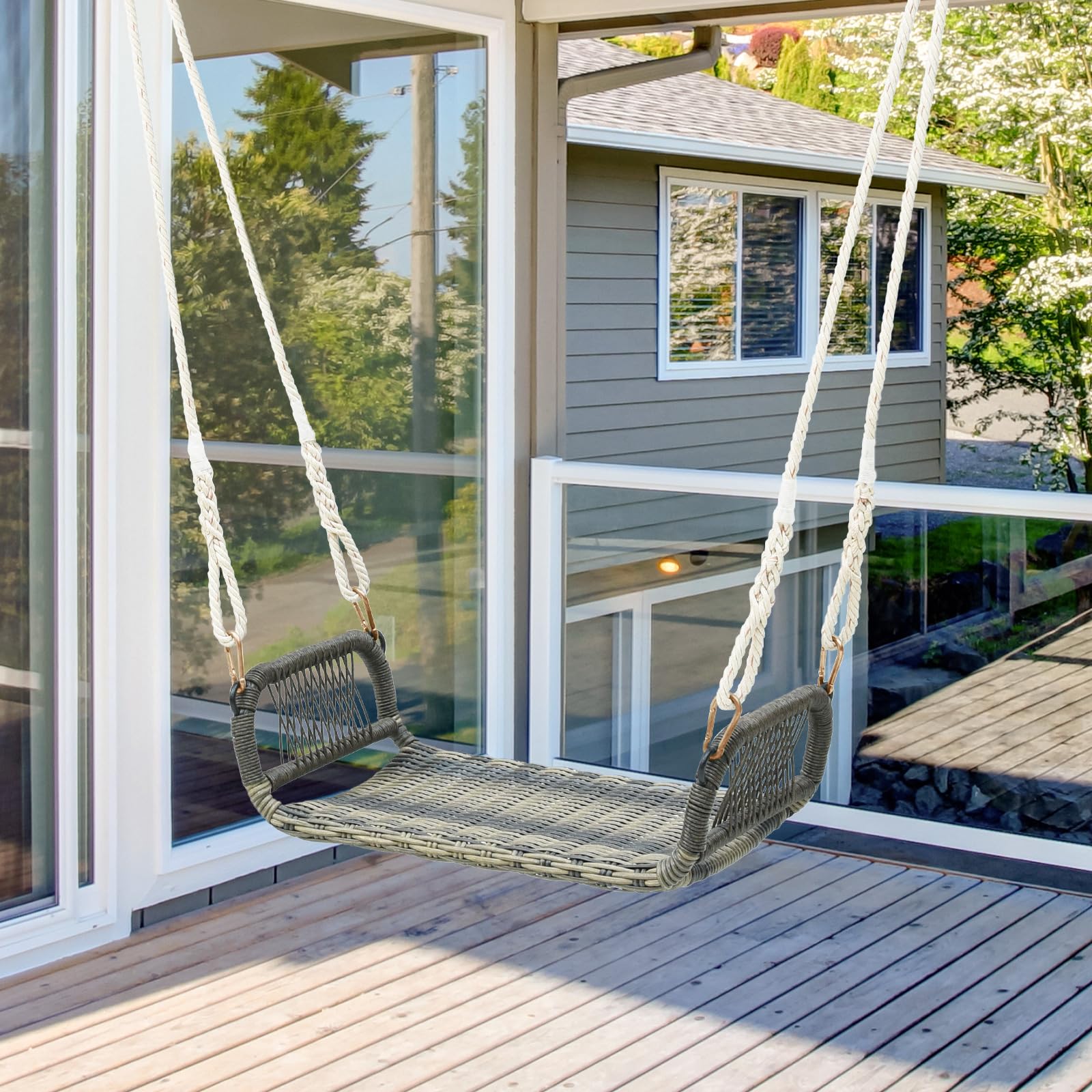 HAPPYGRILL Wicker Porch Swing, Curved Rattan Swing Seat with Cozy Armrests, Patio Wicker Tree Swing with 2 Hanging Hemp Ropes, Outdoor Swing Chair for Front Porch Backyard