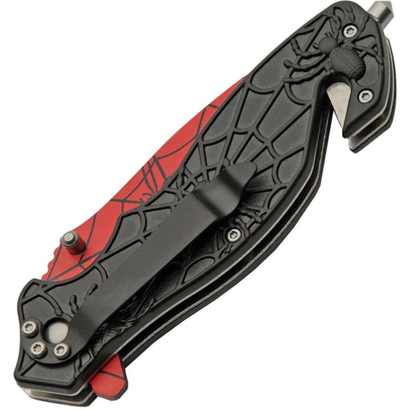 8β Red Spiderweb Assisted Open Pocket Folding Edc Knife Red Stainless Steel Clip Point Blade With Spider Web Print Red Aluminum Handle With Green Jewel Inlay