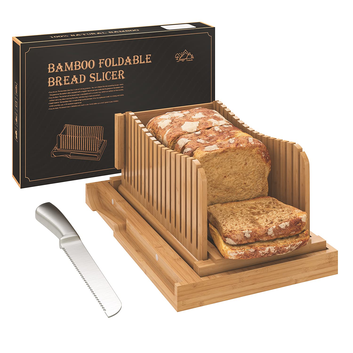Bamboo Bread Slicer with Serrated Knife, Adjustable Bread Slicer Guide with 3 Thickness Size, Foldable Compact Chopping Cutting Board with Crumb Tray, Great for Homemade Bread, Cakes, Bagels