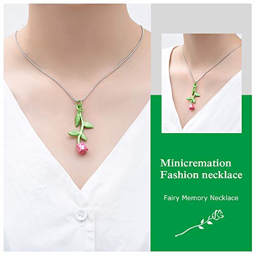 Rose Flower Cremation Jewelry Urn Necklaces for Ashes, Cremation Ash Jewelry Memorial Pendants for Human Pets Ashes(Green-Pink)