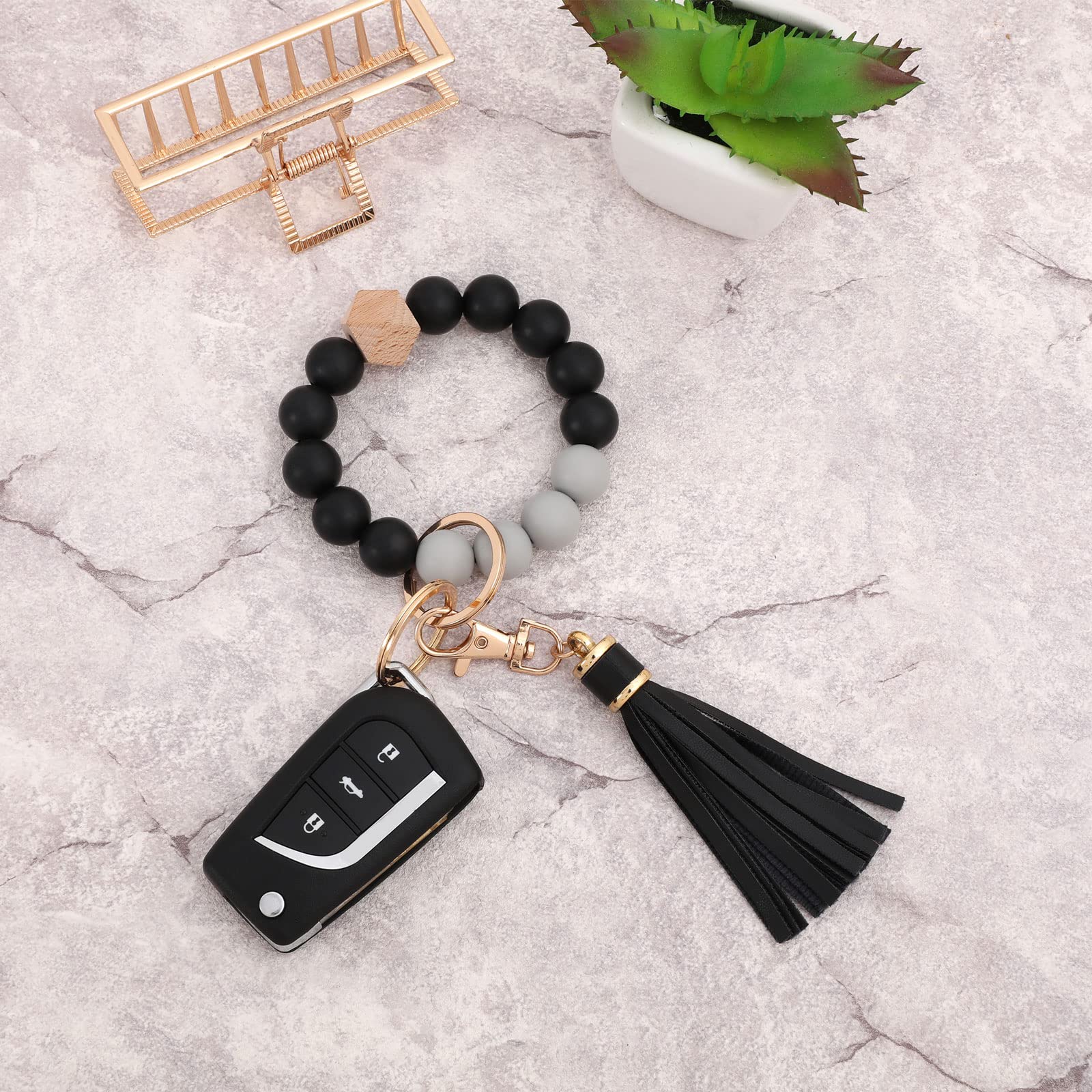 Alysha 2PCS Silicone Beaded Bracelet Keychain, Key Ring Bangle Wristlet Keychain with Leather Tassel for Women/Girls(Cow)