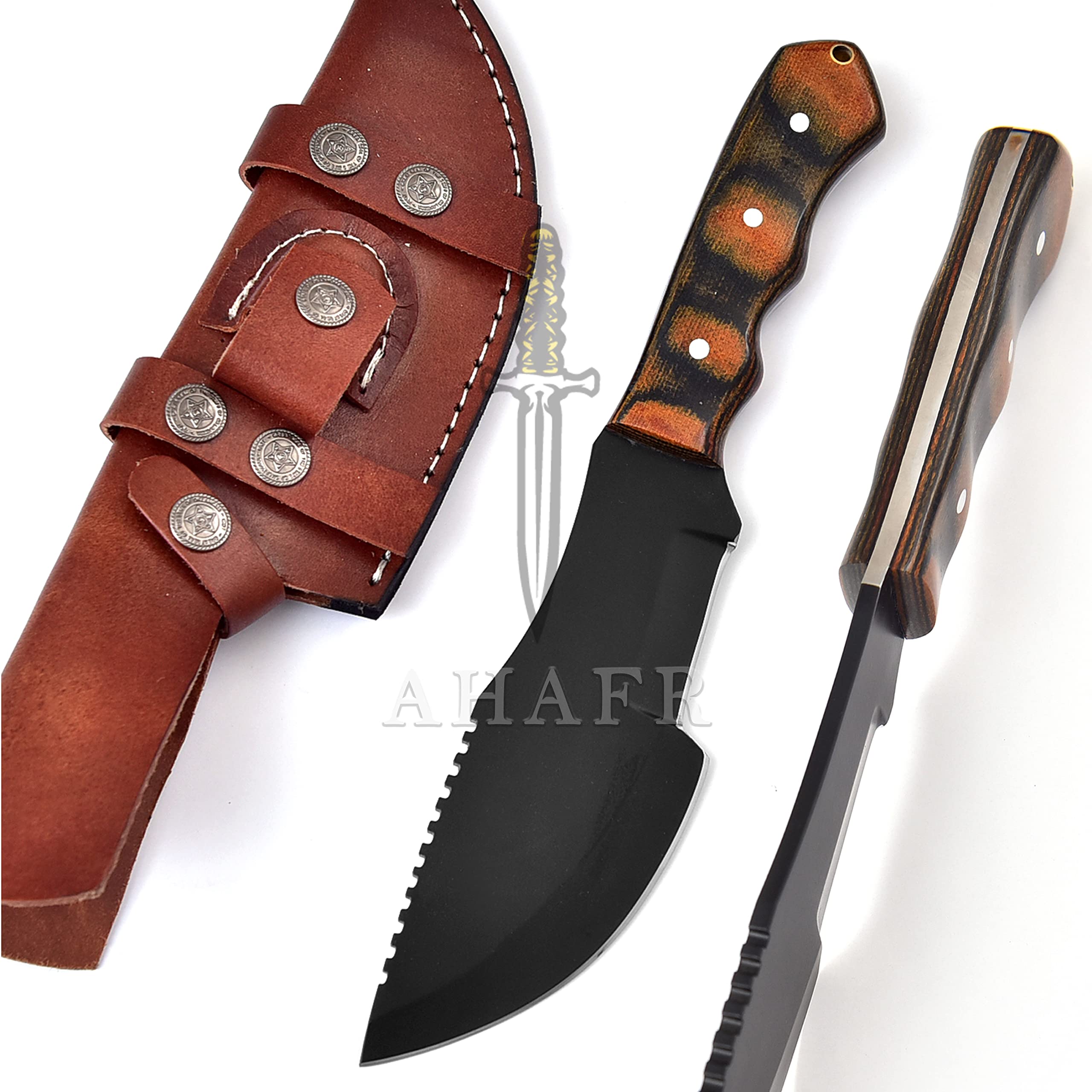 AHAFR DW-103-TK Tracker Knife 11.50" Handmade D2 Steel Tracker Knife Blackened Powder Coated Blade Micarta Handle With Leather Sheath For Hunting And Camping