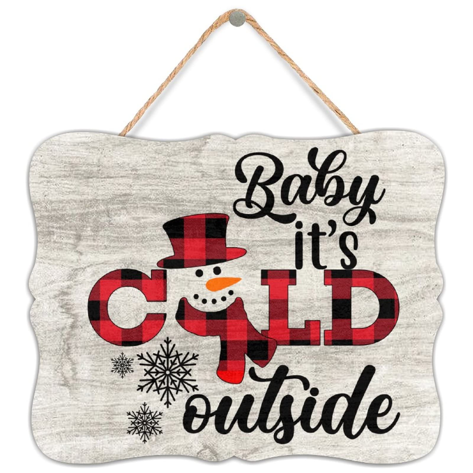 Baby It's Cold Outside Wood Sign Red Black Plaid Snowman Christmas Wooden Sign Christmas Sign Wall Hanging Plaque Holiday Home Decoration for Front Door Garden Porch Bedroom
