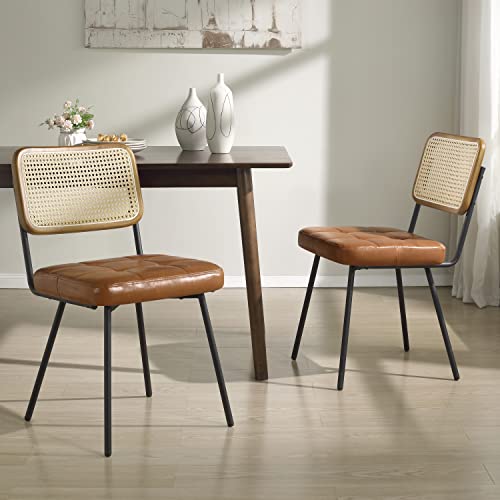 Art Leon Rattan Dining Chairs, Set of 2, Rubber Wood Frame, Mid Century Modern Dining Room Chairs with Rattan Woven Back, Faux Leather Upholstered Kitchen Chairs with Black Metal Legs, Yellow Brown