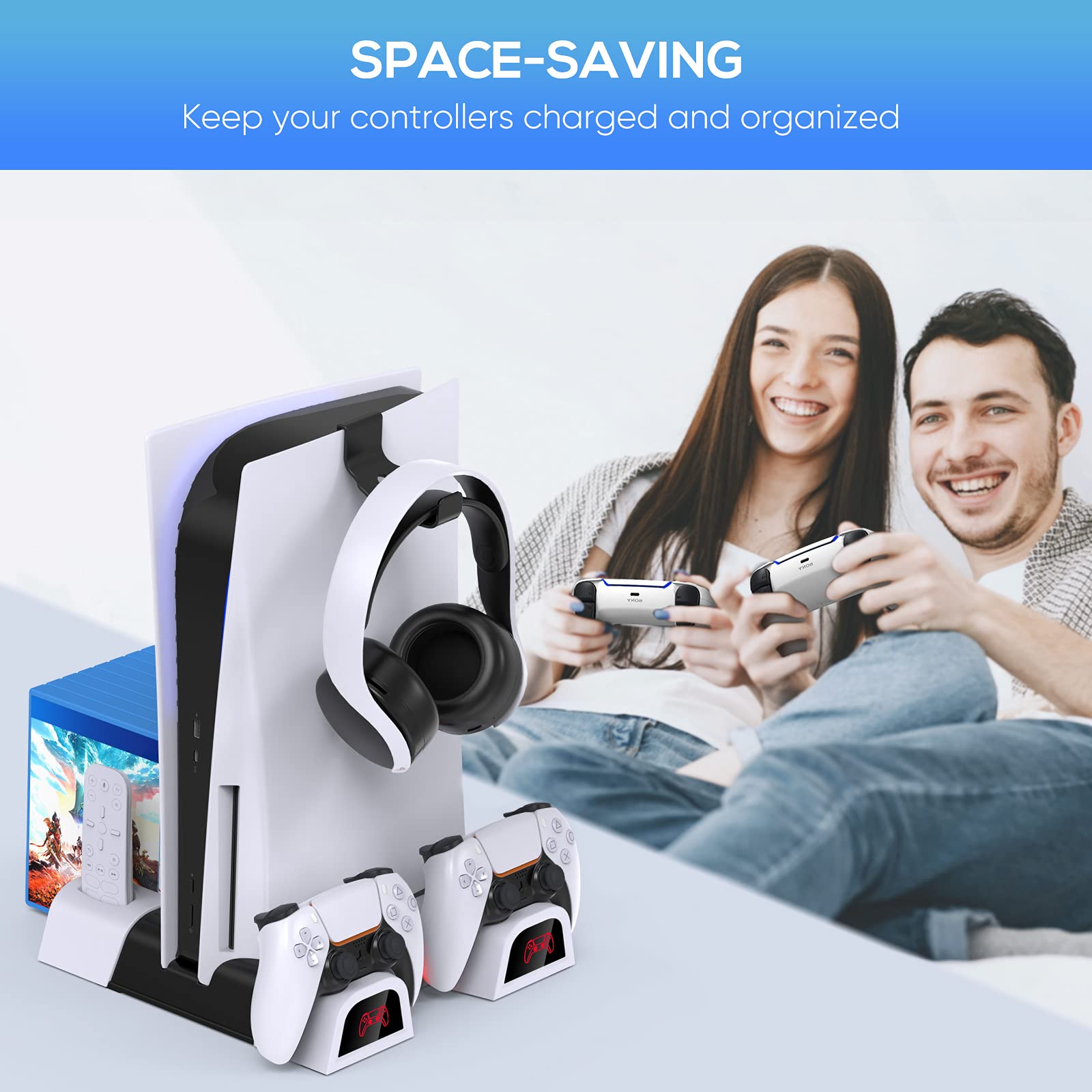 5 in 1 Vertical Stand for PS5/PS5 Digital Edition with Cooling Fan 3 Adjustable Level and Controller Charger Dock Fast Charging with LED Indicator, 2 Holder Hanger, Remote Slot&10 Game Rack Organizer