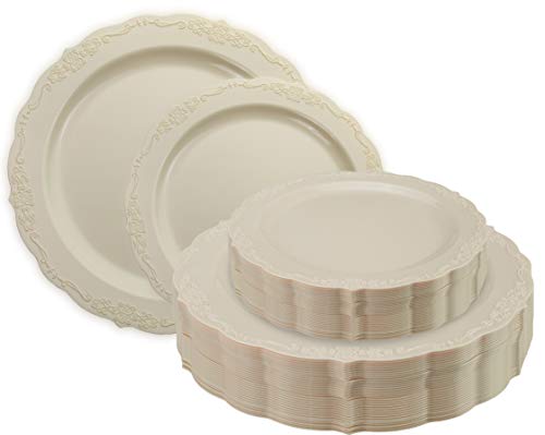 80 Pcs Cream Plastic Party Plates Set - 40 Large 10.25 in Dinner Plates - 40 Small 7.5 in. Salad/Dessert Plates - Heavy Duty Disposable China - Fancy Caterers Victorian Design - Bpa Free (Cream)