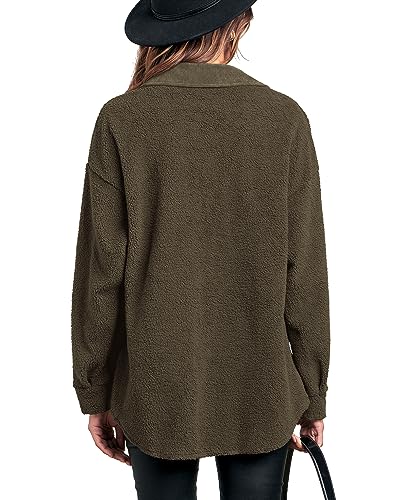 BTFBM Women's 2023 Fall Winter Button Down Shirts Sherpa Jacket Warm Long Sleeve Outerwear Faux Fur Shacket with Pockets(Solid Army Green, X-Large)