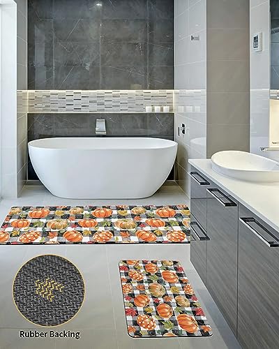 Buffalo Plaid Pumpkins Bath Mat for Tub,Non Slip Bathroom Floor Runner Rug Quick Dry & Absorbent Diatomaceous Earth Shower Sink Kitchen Doormat,Thanksgiving Fall Leaves Black White 20x24+20x48