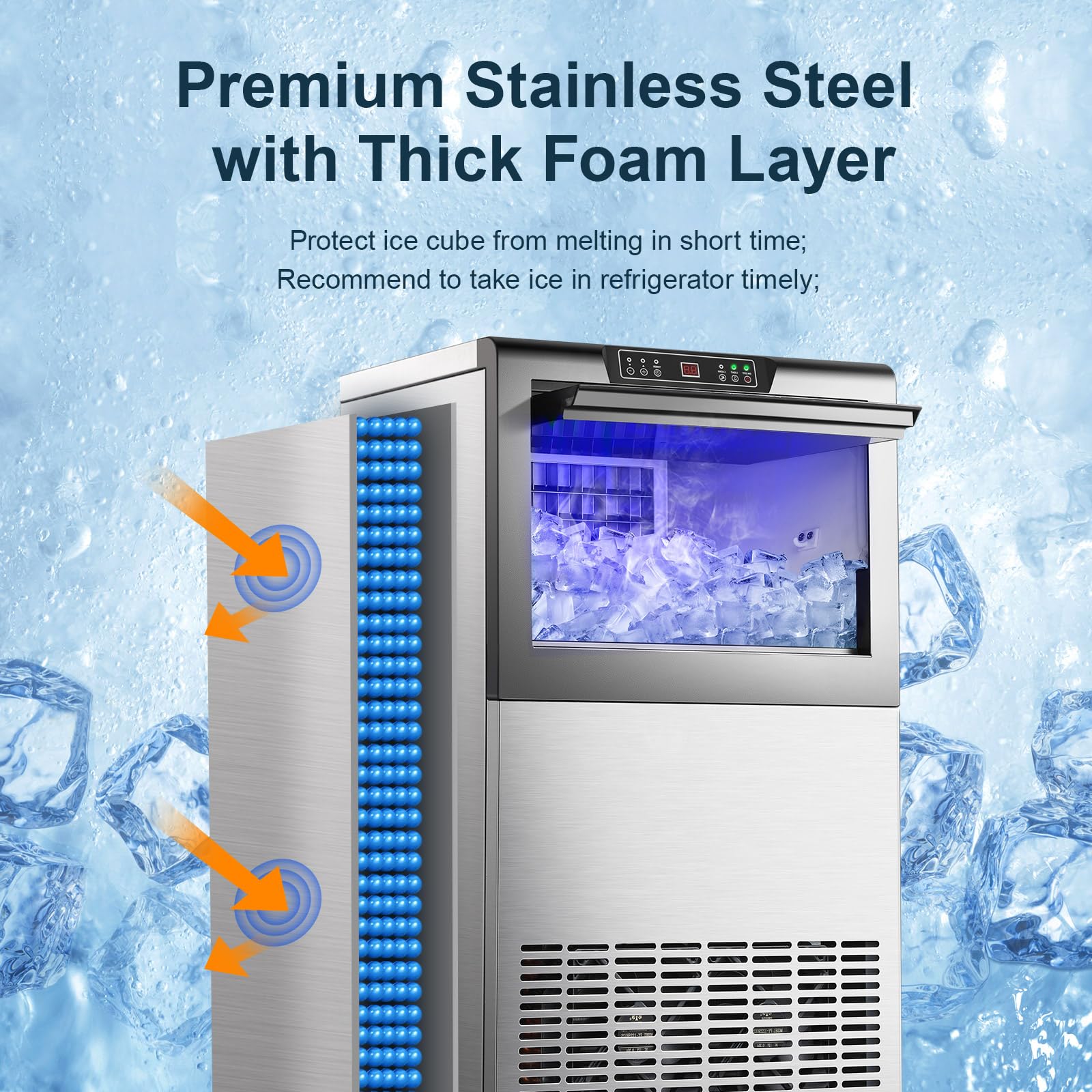 Amzgachfktch Commercial Ice Maker, 100lbs/24H Ice Maker Machine, Auto Self-Cleaning, LED Digital Display, Blue Light, Under Counter/Freestanding Ice Machine for Home/Office/Restaurant/Bar
