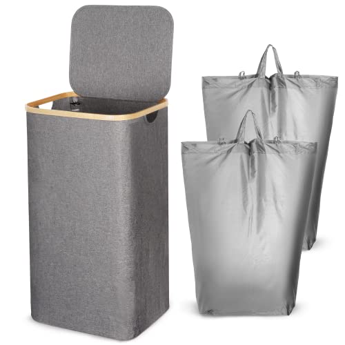 CestMall 100L Laundry Basket with Lid and 2 Removable Liners, Collapsible Large Laundry Hamper Clothes Hamper for Laundry with 2 Handles for Bathroom, Bedroom, College Dorm, Grey