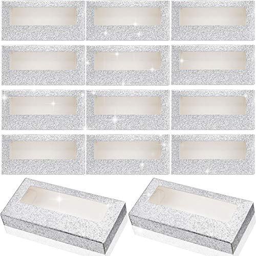 50 Pieces Empty Eyelash Case Boxes Lash Box Packaging Empty Lash Boxes Glitter Paper Cardboard Plastic Eyelash Storage Box False Lashes Cases Holder (Silver)