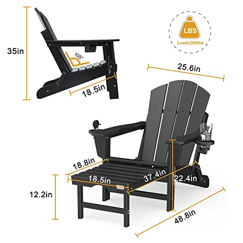 Mdeam Folding Adirondack Chair Lawn Outdoor Fire Pit Chairs Weather Resistant with 2 Cup Holder/Adirondack Retractable Ottoman(Black)
