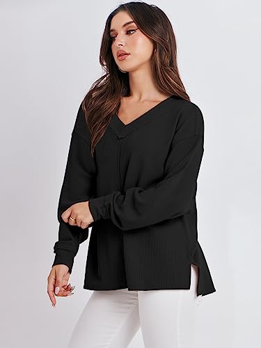 ANRABESS Women’s Casual Long Sleeve Sweatshirt V Neck Off Shoulder Shirt Loose Baggy Comfy Knit Pullover Sweaters Tunic Top 2023 Fall Clothes A1069heise-XL Black