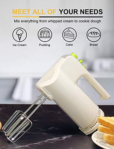 Hand Mixer Electric, MOSAIC Mixer with Cord & Attachments Storage and 4 Stainless Steel Accessories, Easy Eject Handheld Mixer for Whipping Mixing Cookies, Brownies, Cakes, Dough (White)