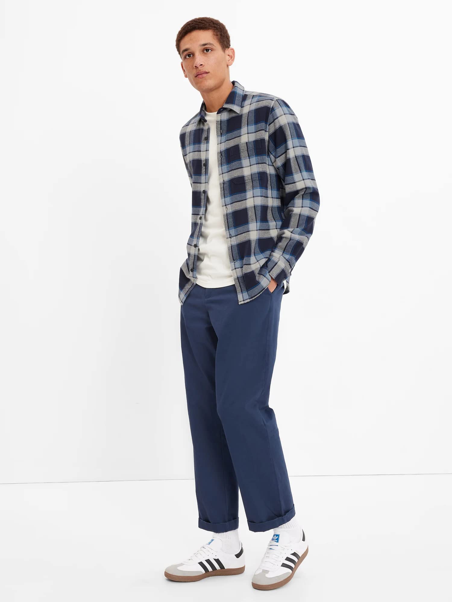 GAP Mens Untucked Flannel Button Down Shirt, Blue Windowpane Plaid, X-Large US