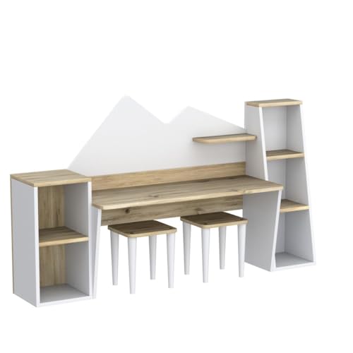 LAWA FURNITURE Kid's Study Desk with Bookshelf + 2 Stools for Ages 3-8, Wooden Children Activity Table with Hutch and Shelves, Kids Bedroom Study Desk with Storage