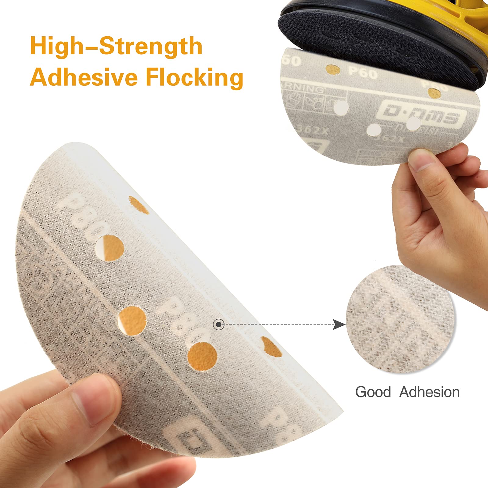 5 Inch 8 Hole Hook and Loop Sanding Discs, 10 of Each Grit (60 80 120 220 320), 50PCS Gold Orbital Sander Sandpaper, Sharp Cutting and More Durable - D DMS DIMEISI 362X