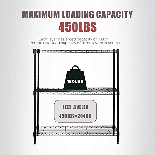 NChanmar 3-Tier Wire Shelving Unit Storage Shelves Shelf Organizer 30"x23"x12" Heavy Duty Metal Storage Rack Wire Rack NSF Height Adjustable for Laundry Bathroom Kitchen Garage Shelving(Black)