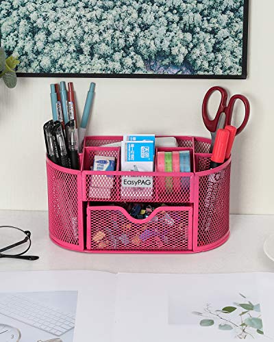 EasyPAG Desk Organizer Mesh Desktop Office Supplies Multi-functional Caddy Pen Holder Stationery with Drawer,Pink