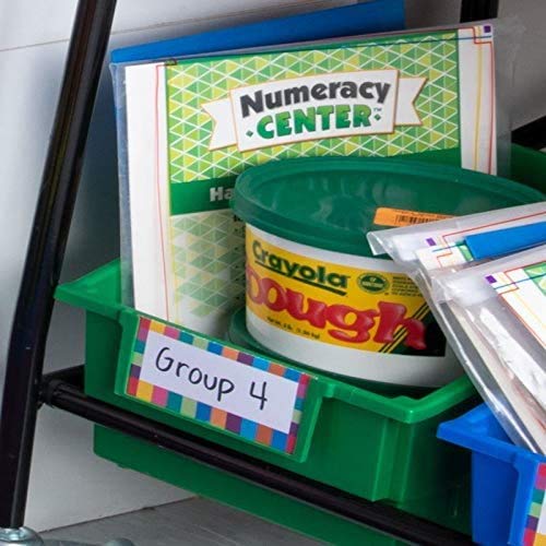 Really Good Stuff Large Plastic Book Organizer Bins, Dividers, Built-in Label Holder, 13.5β by 13.5β by 7.75β (Set of 4, Primary Colors) - For Picture Books, Large Reference Books in Classroom or Home