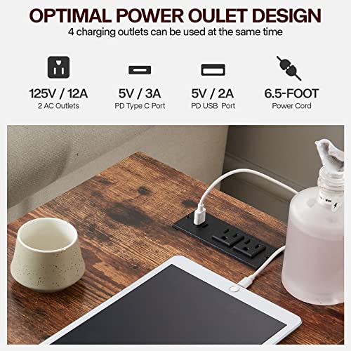 Anrigeail Nightstand Set of 2 with Charging Station, Bedside Tables with Storage Shelf & Drawer, End Table with 2 USB Ports and 2 Outlets, Night Stand for Bedroom, Living Room, Brown