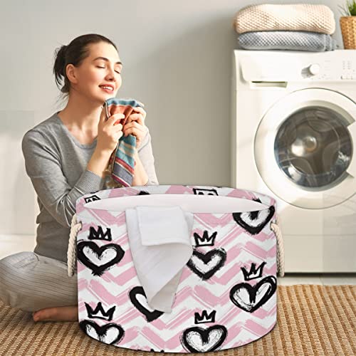 Hearts Crowns Pink Stripe Romantic Large Round Baskets for Storage Laundry Baskets with Handles Blanket Storage Basket for Bathroom Shelves Bins for Organizing Nursery Hamper Girl Boy