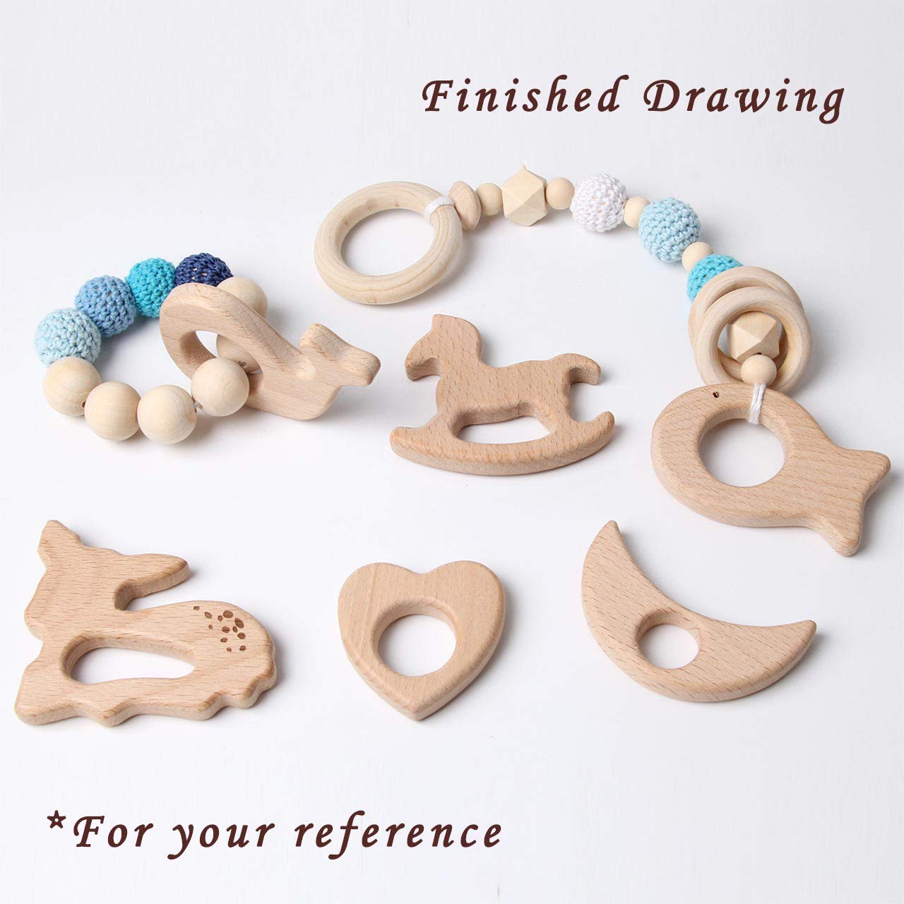 Baby Organic Wood Teether Set DIY Rattle Ring for Infant Gum Relief Grasping Toy Jewelry Holder, Rocket Heart Moon Jellyfish Hobbyhorse Bear Dinosaur Fish Deer Whale