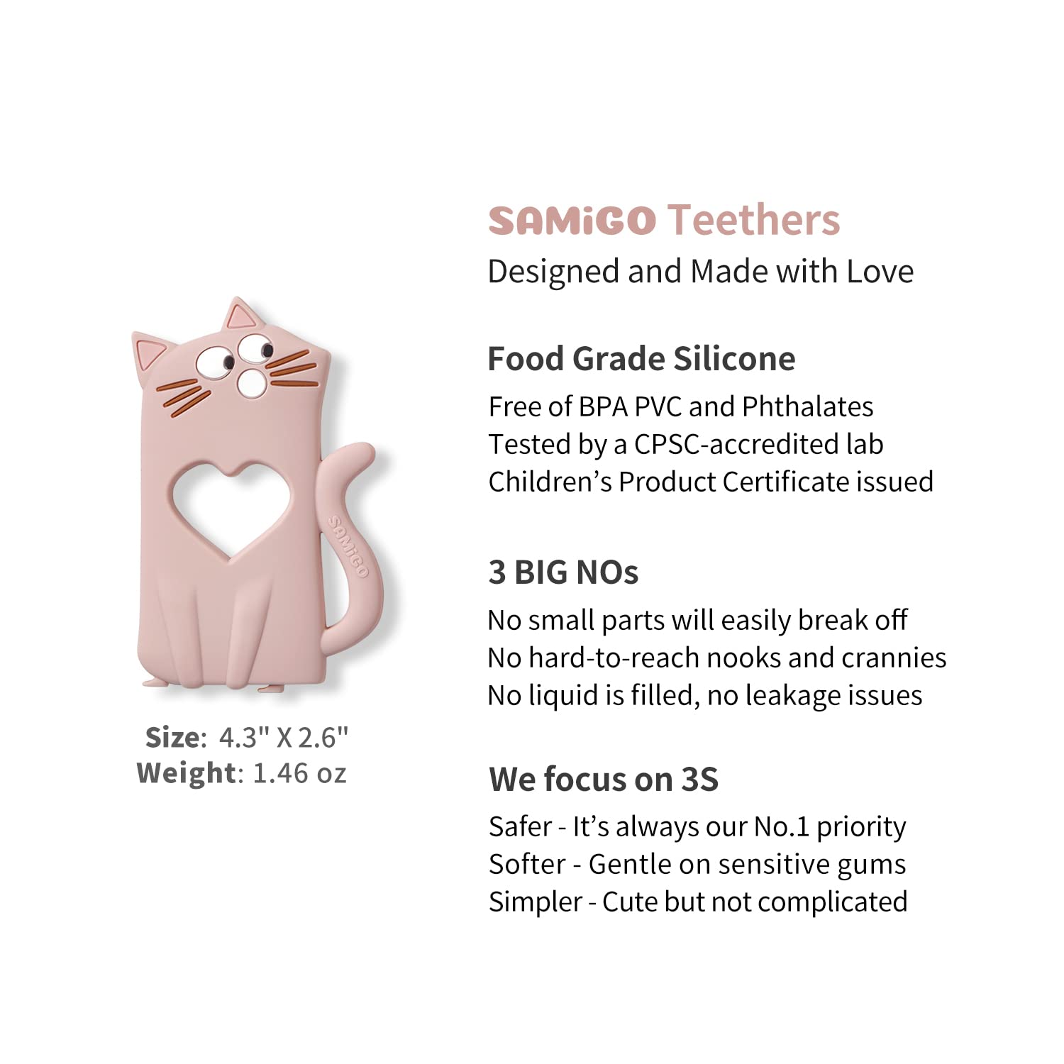 SAMiGO Baby Teething Toys Silicone Teether for Babies 0-6 and 6-12 Months Baby Chew Toys for Infant Girls - Pink Cat