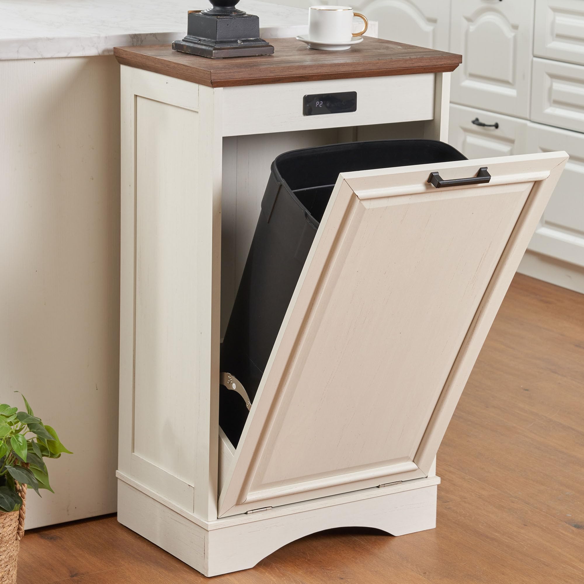 AHB 13 Gallons Tilt Out Trash Cabinet Free Standing Recycling Trash Cabinet with Deodorizing Function Hidden Kitchen Trash Cabinet Pet Proof Trash Can Holder for Kitchen Living Room, Antique White