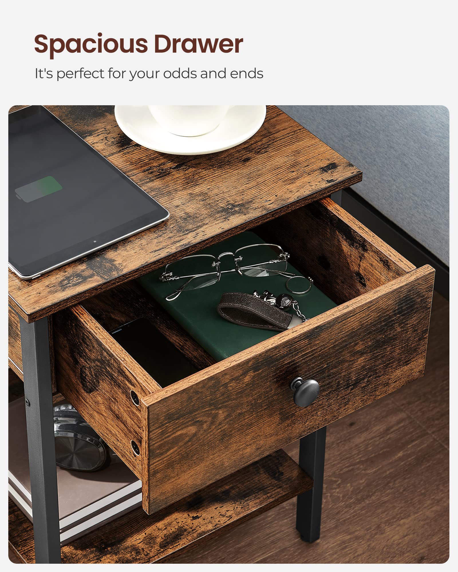 VASAGLE Nightstand with Charging Station, Side Table with Drawer and Open Shelf, End Table, for Bedroom, Easy Assembly, Industrial, Plug-in Series, Rustic Brown and Black ULET513B01