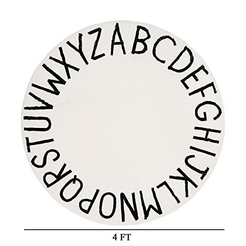 HEBE 4ft Round Kids ABC Rug Alphabet Nursery Rug for Bedroom Playroom Non Slip Educational Playmat Round Circle Carpet for Classroom Infant Toddlers,Milk White