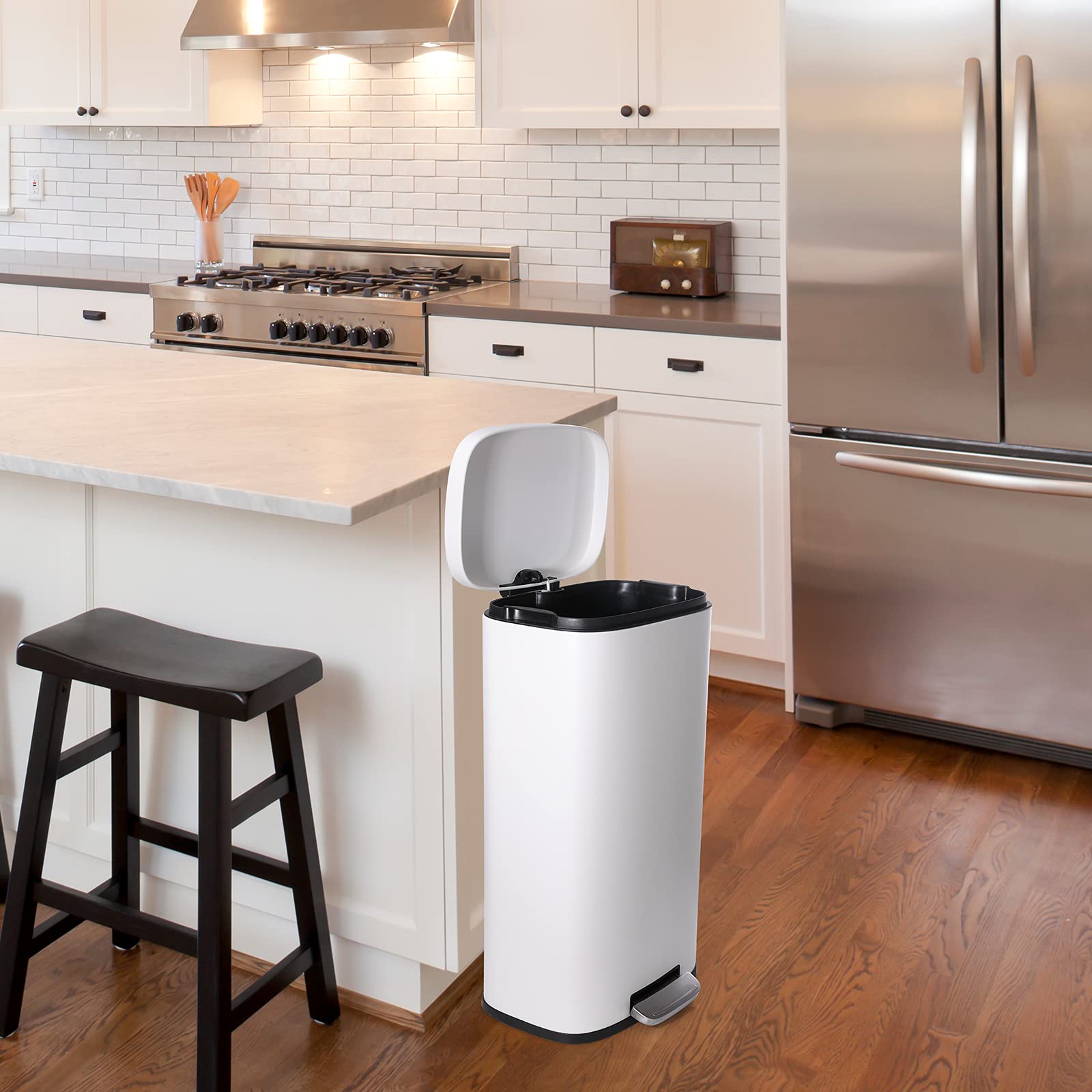 AthLike Trash Can, Stainless Steel Kitchen Garbage Can, Step Waste Bin with Hinged Lid and Removable Inner Bucket, Soft-Close, Dustbin for Bathroom Bedroom Living Room Home (White, 8 Gal)