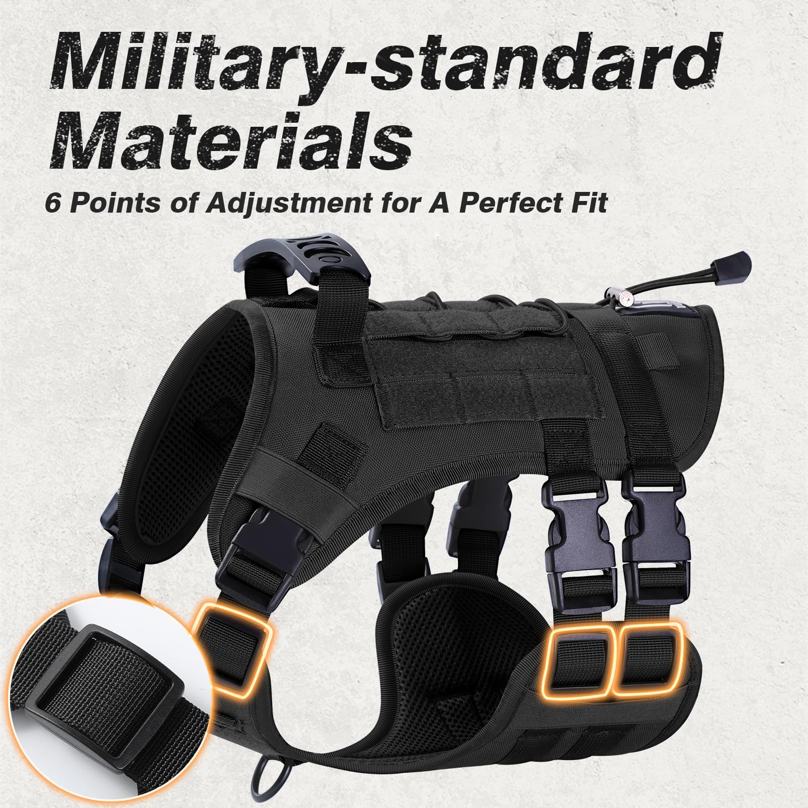 Yungaspy No Pull Tactical Dog Harness for Large Dogs, Escape Proof Molle Dog Vest Harness and Leash Set, Adjustable Military Service Dog Harness with Handle for Medium Large Dogs (Black, Medium)