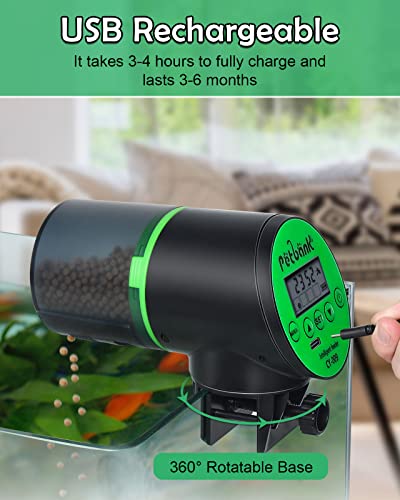 Petbank Automatic Fish Feeder - Rechargeable Timer Fish Food Dispenser with USB Charger Cable, for Aquarium or Fish Tank