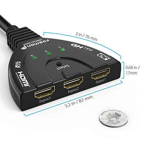 Fosmon 3-Port 4K, 3x1 Switcher (Automatic Switching) Support Ultra 3D HDR Full HD 1080P HDCP, HDMI Splitter Hub Compatible with Apple Roku Fire TV Stick HDTV PS4 Xbox One Chromecast