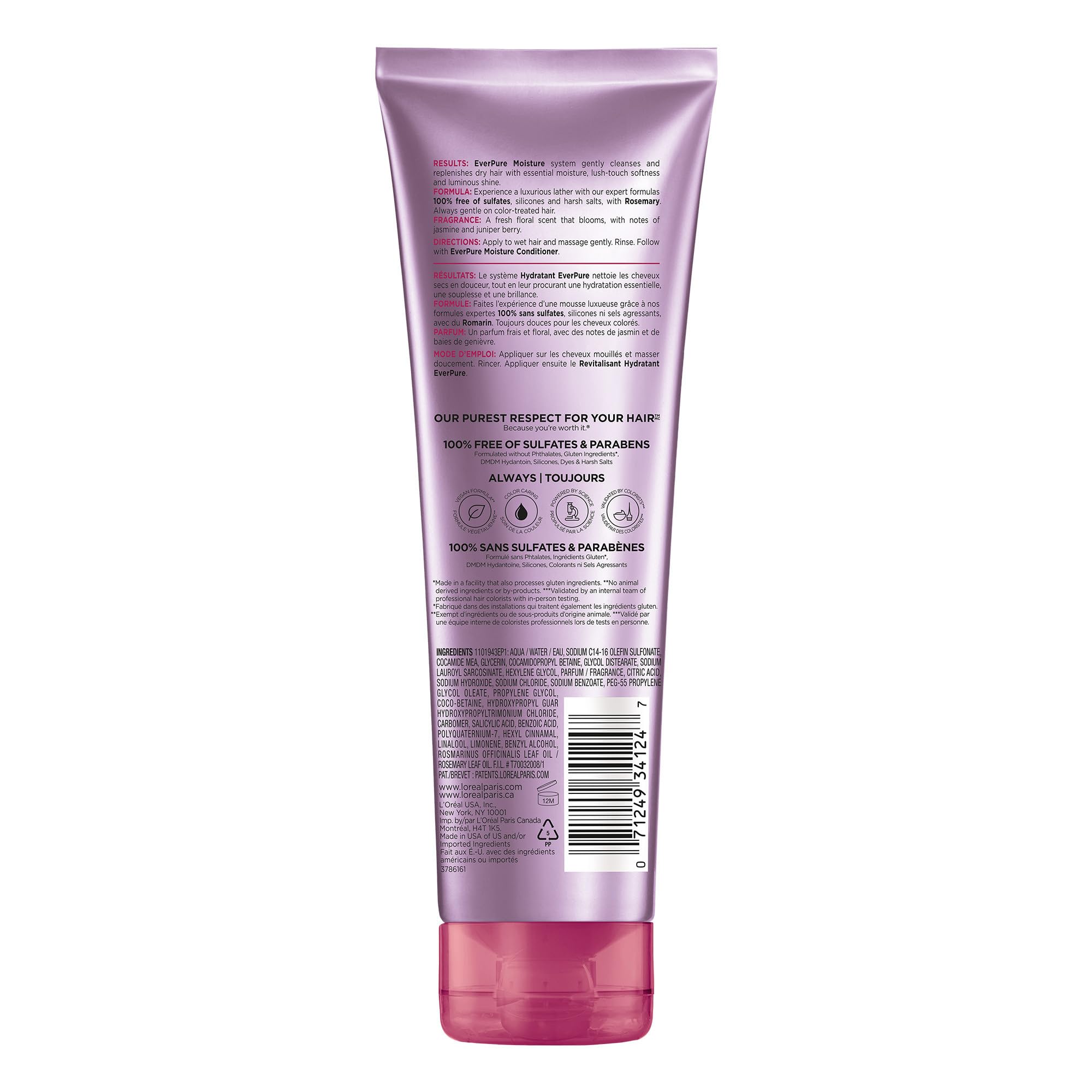 L’Oréal Paris Moisture Sulfate Free Shampoo, Hair Care for Color-Treated Hair with Rosemary Botanicals, EverPure, 8.5 Fl Oz