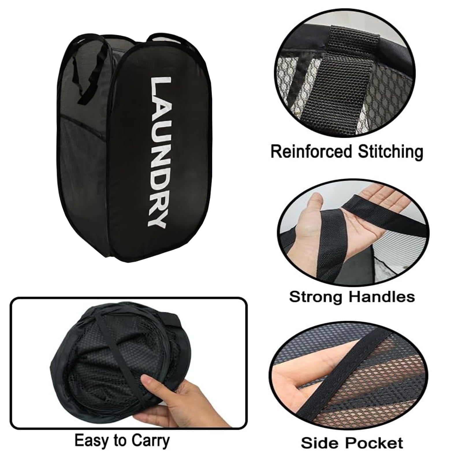 75L 2pcs Pop-Up Laundry Basket - Mesh Pop-Up Dirty Laundry Basket with Side Pockets for Space Saving - Portable and Versatile Laundry Storage Organizer for Bathroom and Home (gray+black)