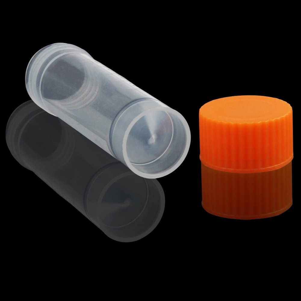 LANIAKEA 200Pcs Plastic Test Tubes with Screw Cap, 5ml Small Plastic Vials Centrifuge Test Tube, Plastic Frozen Test Tubes, Vial Screw Orange Seal Capfor Office School Laboratory Chemistry