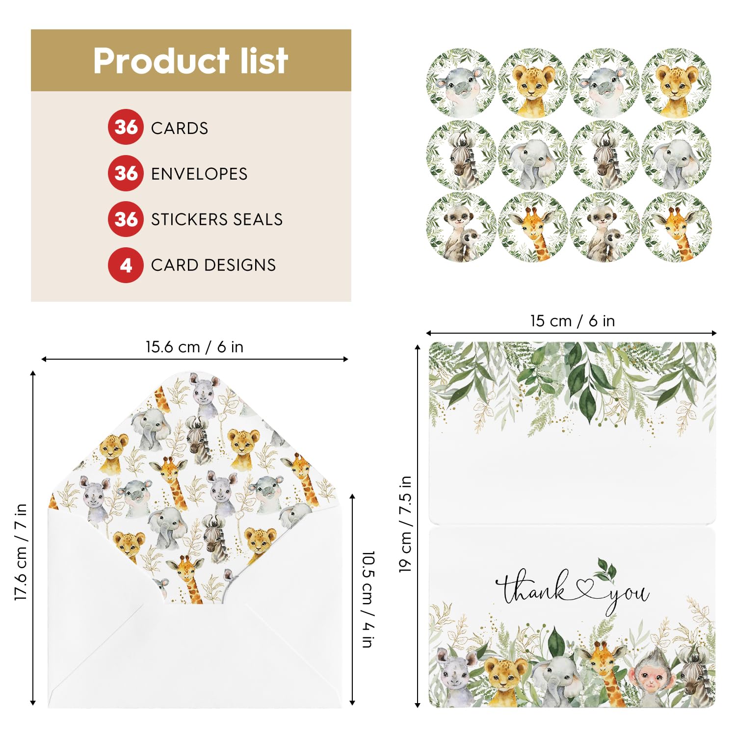 Artoid Mode 36 Pack Giraffe Elephant Thank You Cards Animal Greeting Cards Gift With Envelope Sticker Blank Note Cards for Birthday Wedding Baby Shower Bridal Shower, 4 x 6 Inch