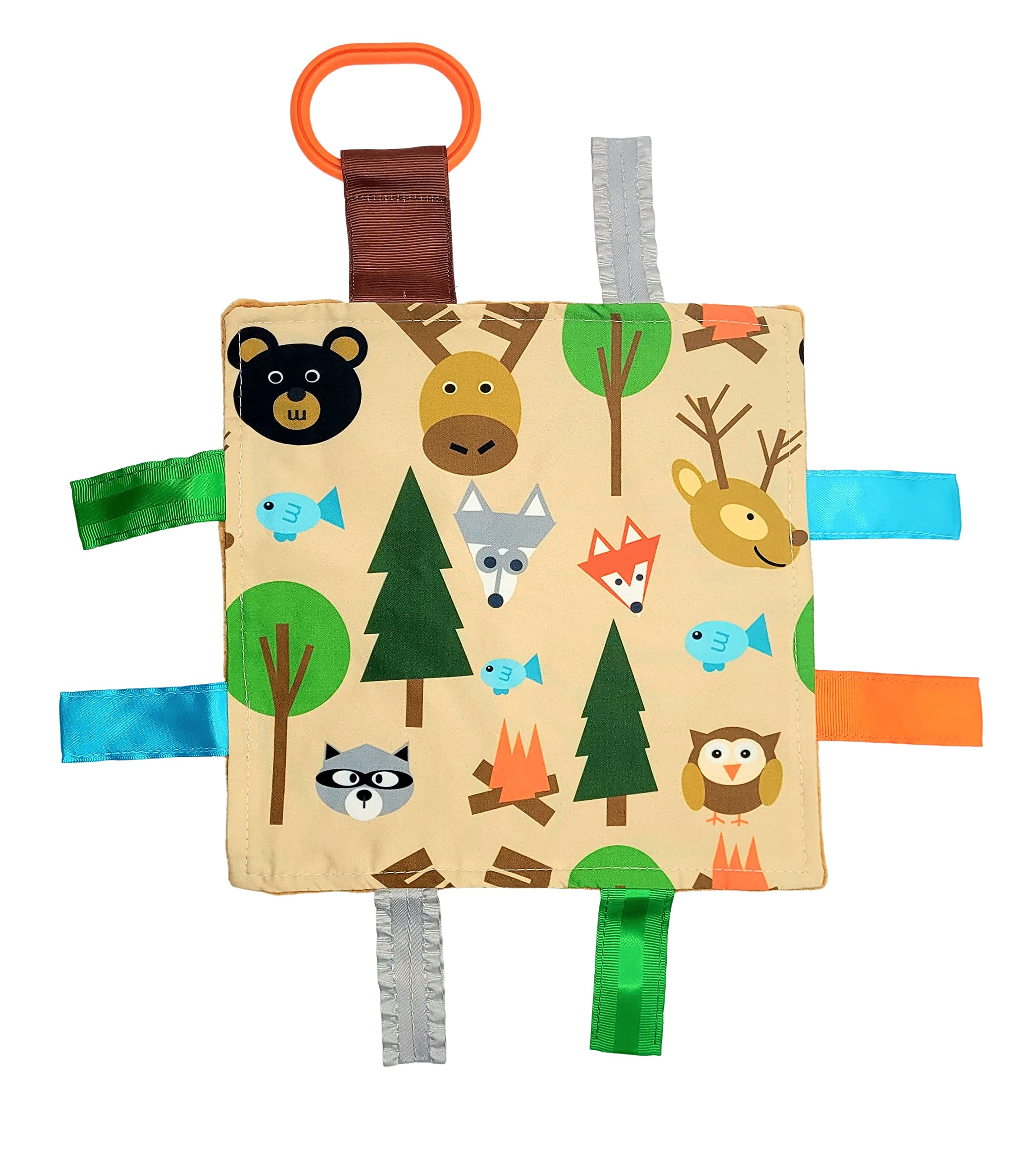 Baby Sensory Crinkle & Teething Square Lovey Toy with Closed Ribbon Tags for Increased Stimulation: 8"X8" (Forest Animals)