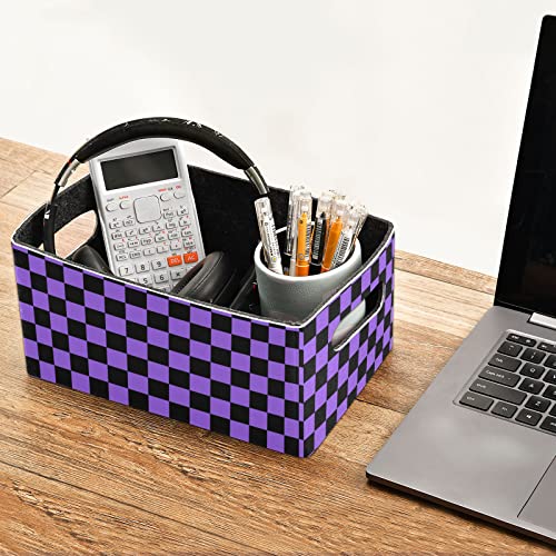 Checkerboard Black Purple Plaid Storage Basket Felt Storage Bin Collapsible Felt Storage Convenient Box Organizer for Clothes Towels Magazine