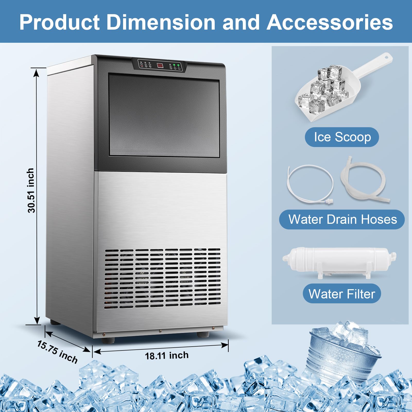 Amzgachfktch Commercial Ice Maker, 100lbs/24H Ice Maker Machine, Auto Self-Cleaning, LED Digital Display, Blue Light, Under Counter/Freestanding Ice Machine for Home/Office/Restaurant/Bar