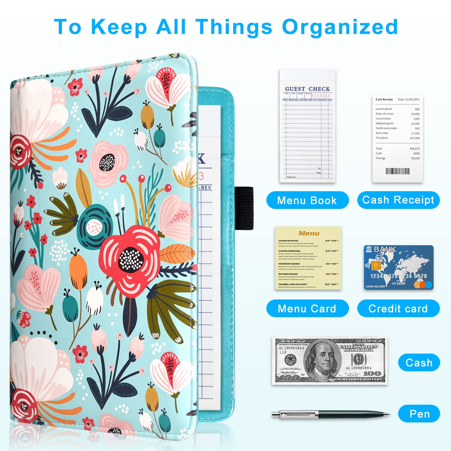 ACdream Server Books for Waitress, Guest Book Note Pad, Cute Pocket Leather Money Organizer Wallet, Cash Check Bill Receipt Holder Presenter, Waiter Accessories Fit Server Apron