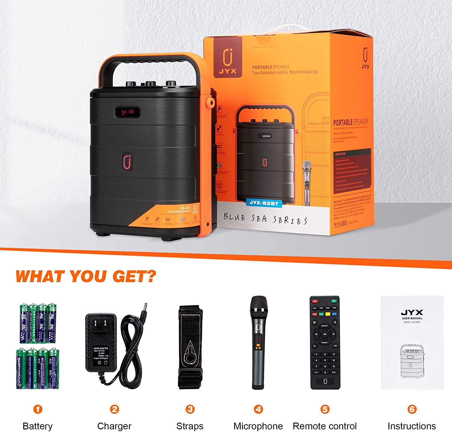JYX Karaoke Machine with Wireless Microphone, Portable Bluetooth Speaker with Bass/Treble Adjustment, PA System with Remote Control, LED Lights,Supports TF Card/USB, AUX in, FM, REC,TWS for Party