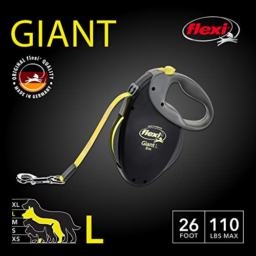 FLEXI New Classic Neon Retractable Dog Leash (Tape), Ergonomic, Durable And Tangle Free Pet Walking Leash For Dogs Up To 110 lbs, 26 ft, Large, Black