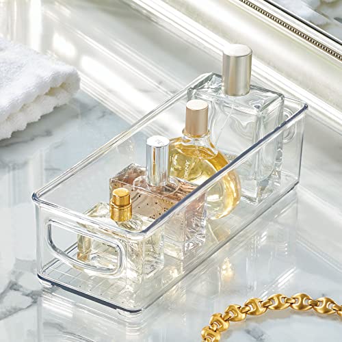 mDesign Small Plastic Bathroom Storage Container Bins with Handles for Organization in Closet, Cabinet, Vanity or Cupboard Shelf, Accessory Organizer for Hair Tools - Ligne Collection - 4 Pack - Clear