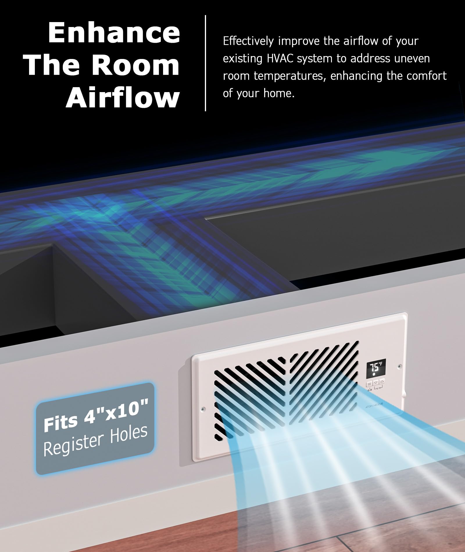 ATOM NEXUS AirBlaze Z4, Quiet Register Booster Fan Fits 4βx10β Register Holes, Smart Vent Booster Fan With Thermostat Control & Remote Control, 10-Speed Control Heating Cooling AC Vent Fan (White)