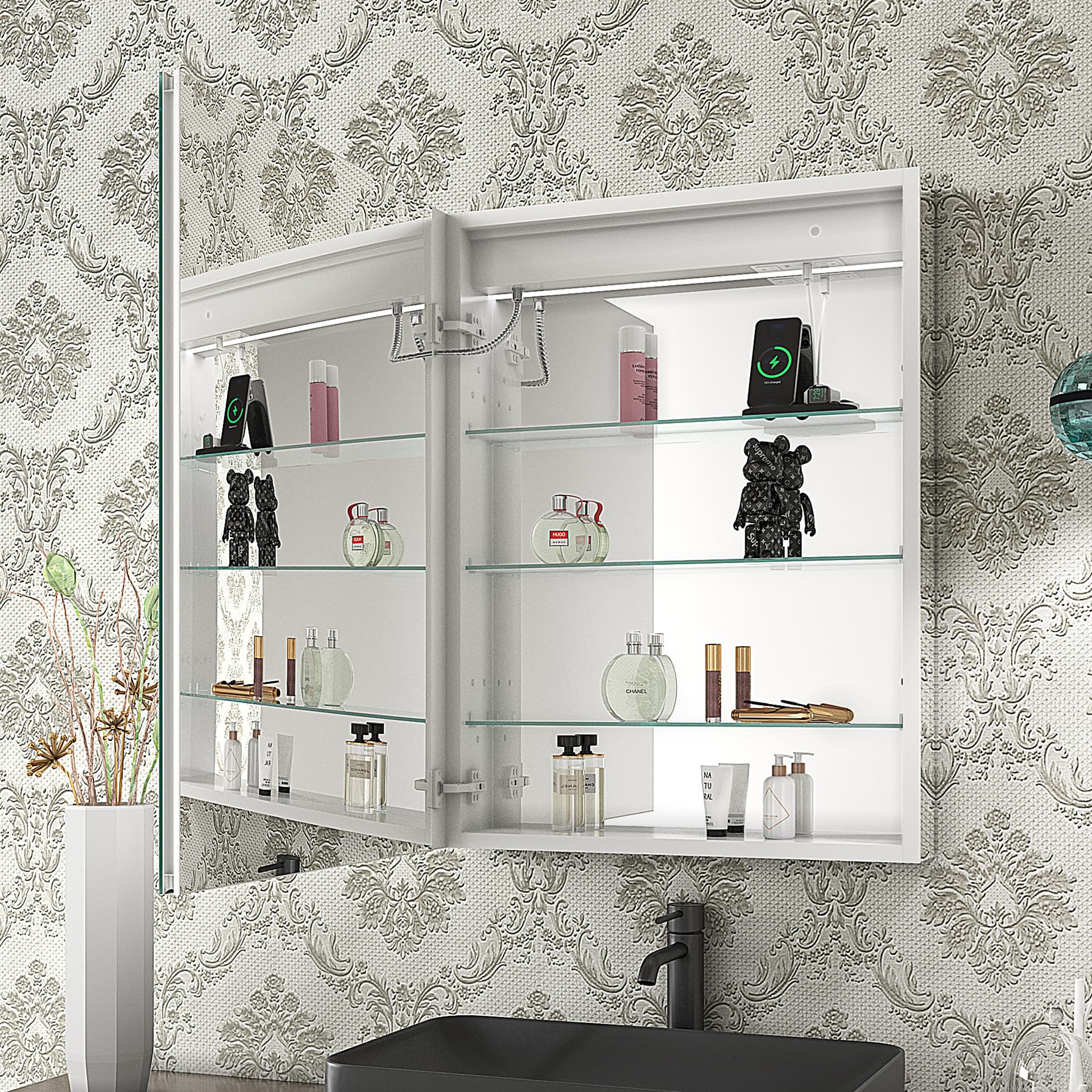 Benime 24x32 Inch, LED Lighted Bathroom Medicine Cabinet with Mirror, Surface or Recessed Medicine Cabinet with Lights, Defogger, Stepless Dimming&Color Temps, 2 Outlets&USBs, 3 Storage Shelves