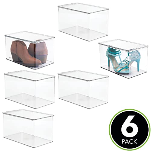 mDesign Stackable Plastic Closet Storage Container Bin Box with Hinge Lid for Organizing Shoes, Booties, Pumps, Sandals, Wedges, Flats, Heels - Lumiere Collection - 6 Pack - Clear
